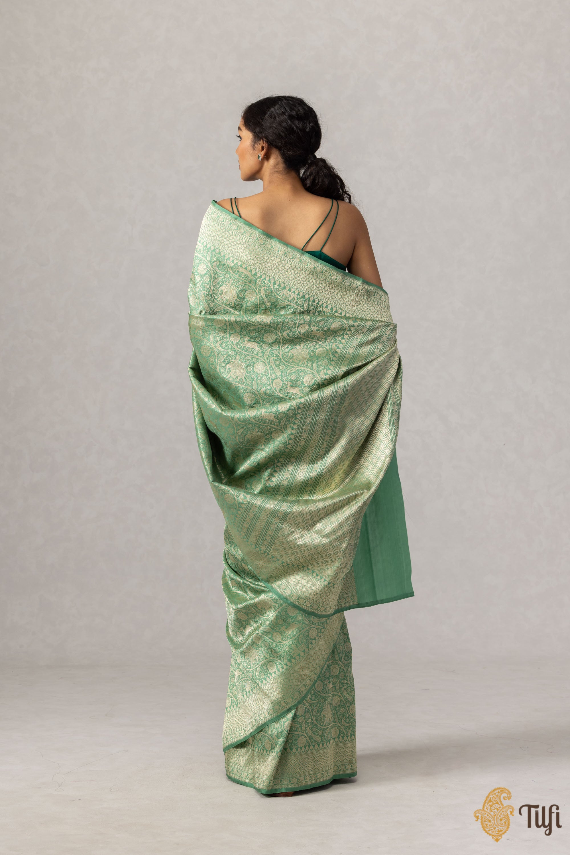Sage Green Pure Katan Silk Banarasi Shikargah Handloom Saree - Tilfi