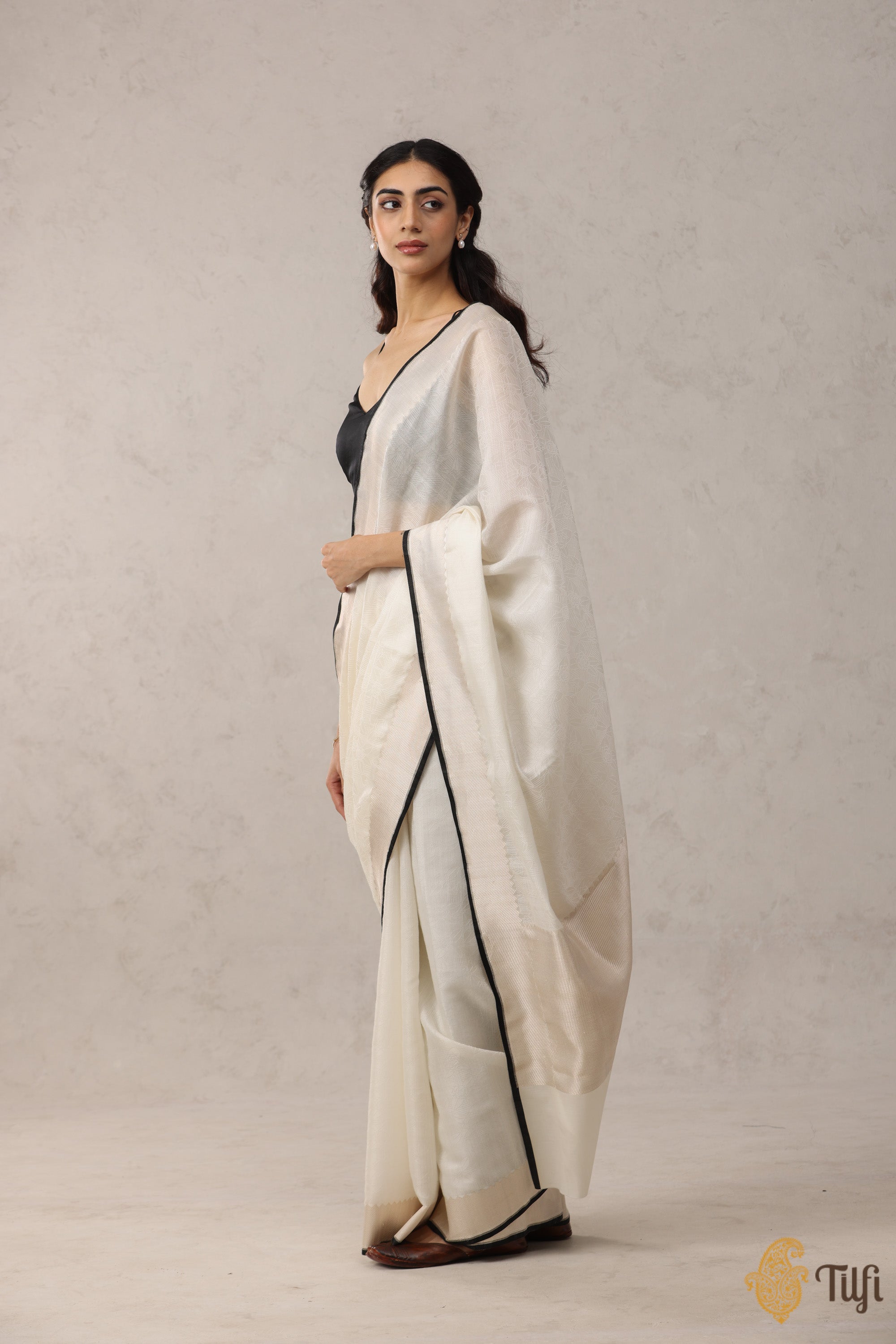 'Rekha' White Pure Kora by Cotton Satin Banarasi Handloom Saree - Tilfi