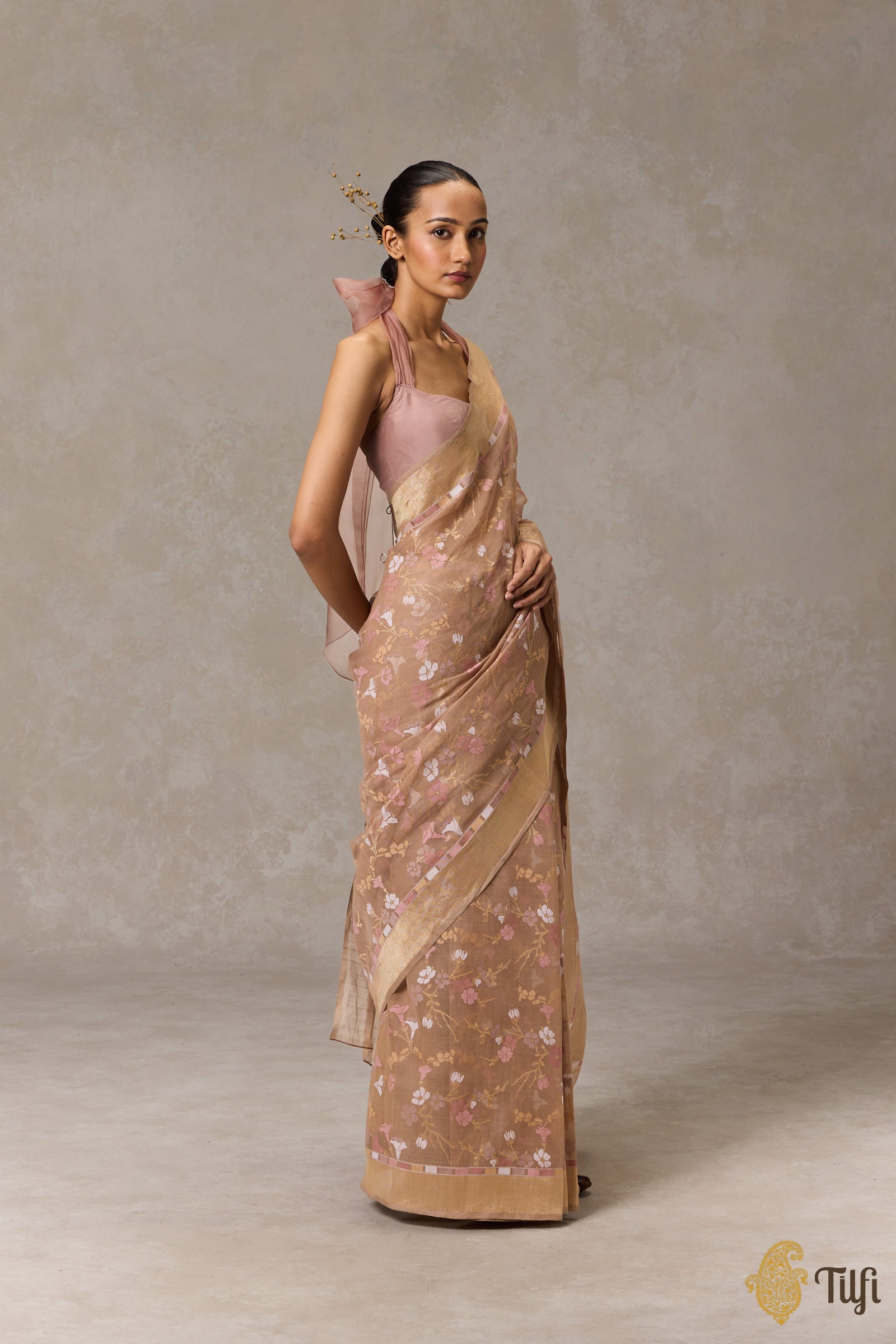 'Rikka' Pastel Brown Pure Cotton Jamdani Real Zari Banarasi Handloom S - Tilfi