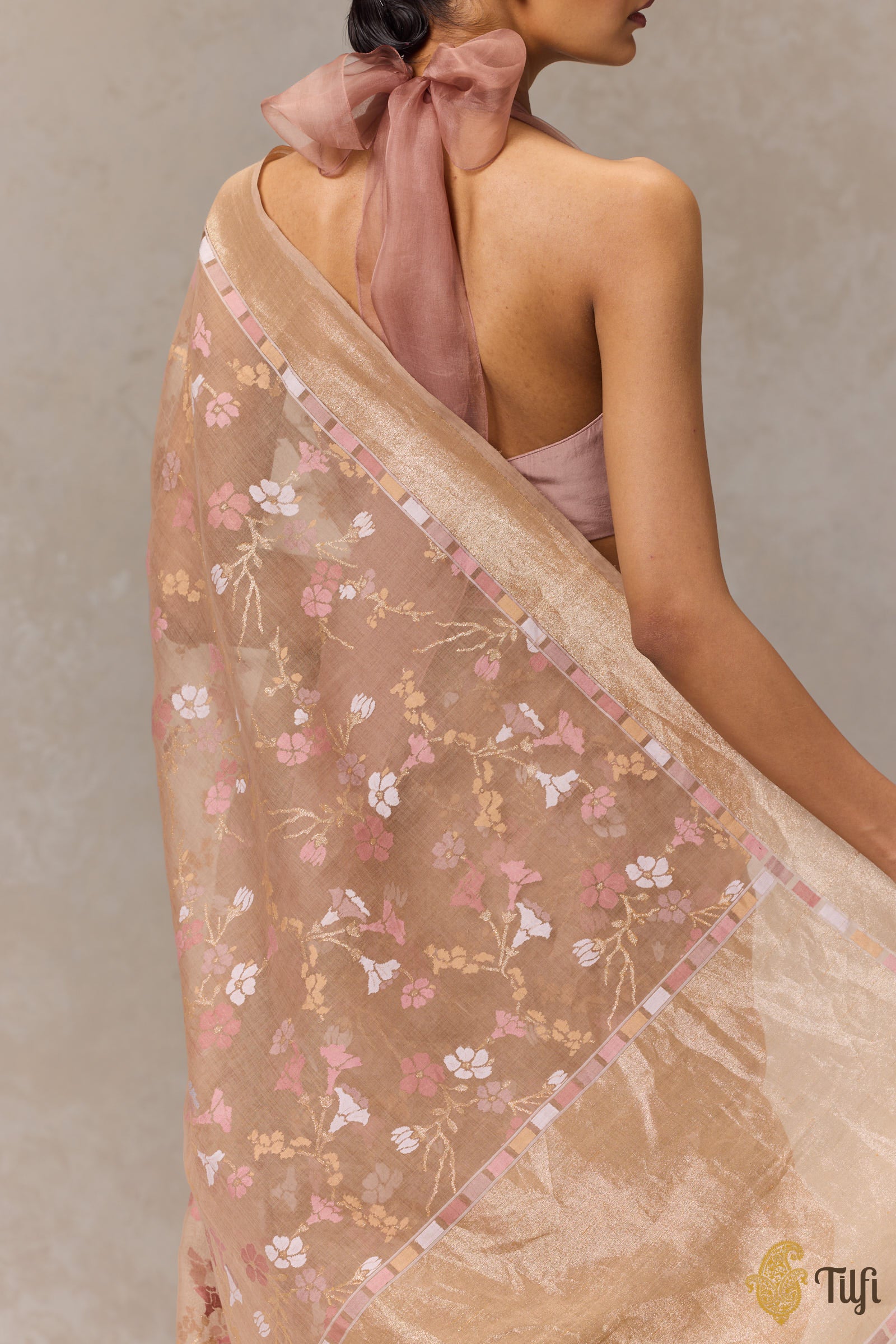 'Rikka' Pastel Brown Pure Cotton Jamdani Real Zari Banarasi Handloom S - Tilfi