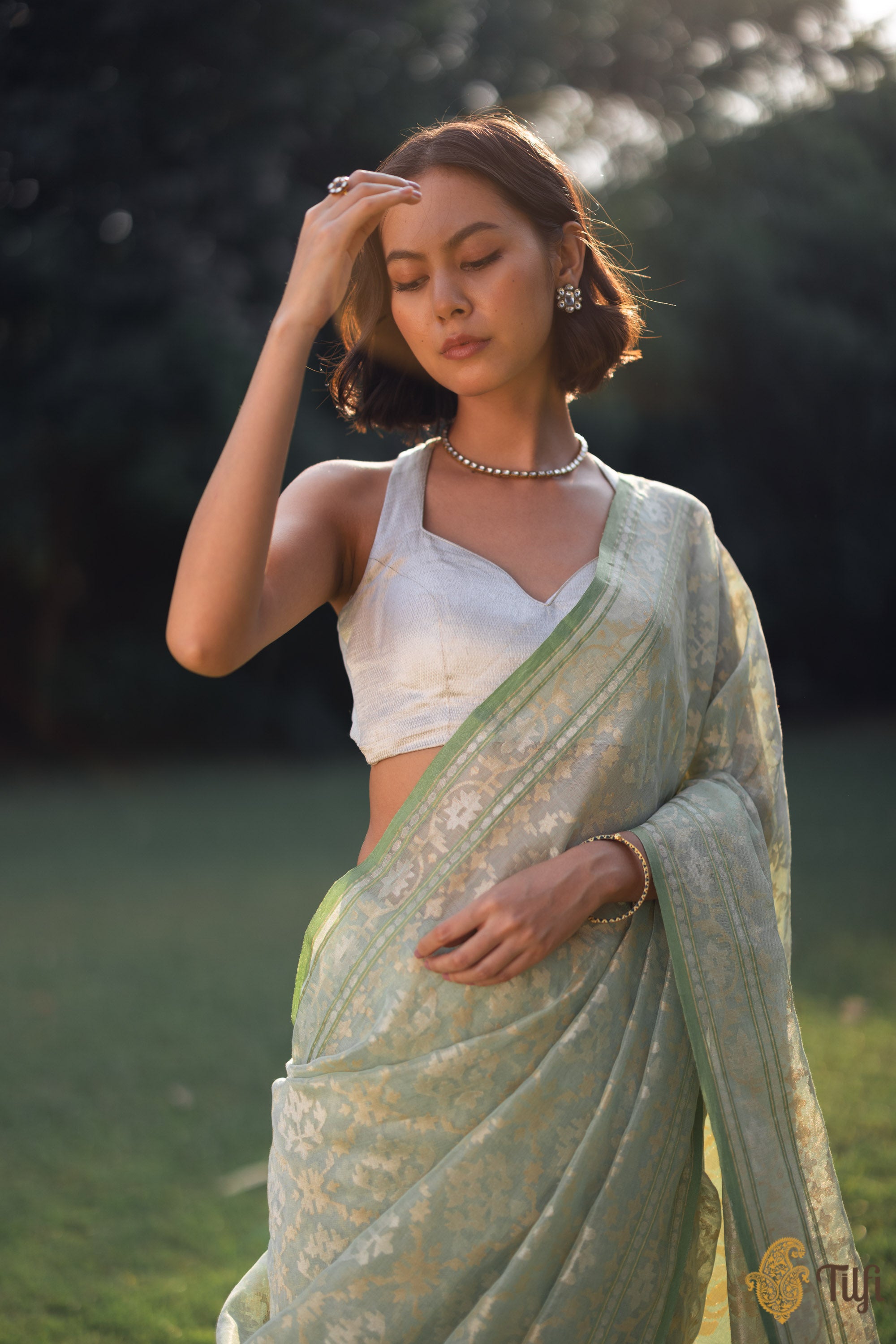 'Kairavi' Light Green Pure Cotton Tissue Real Zari Banarasi Handloom S ...