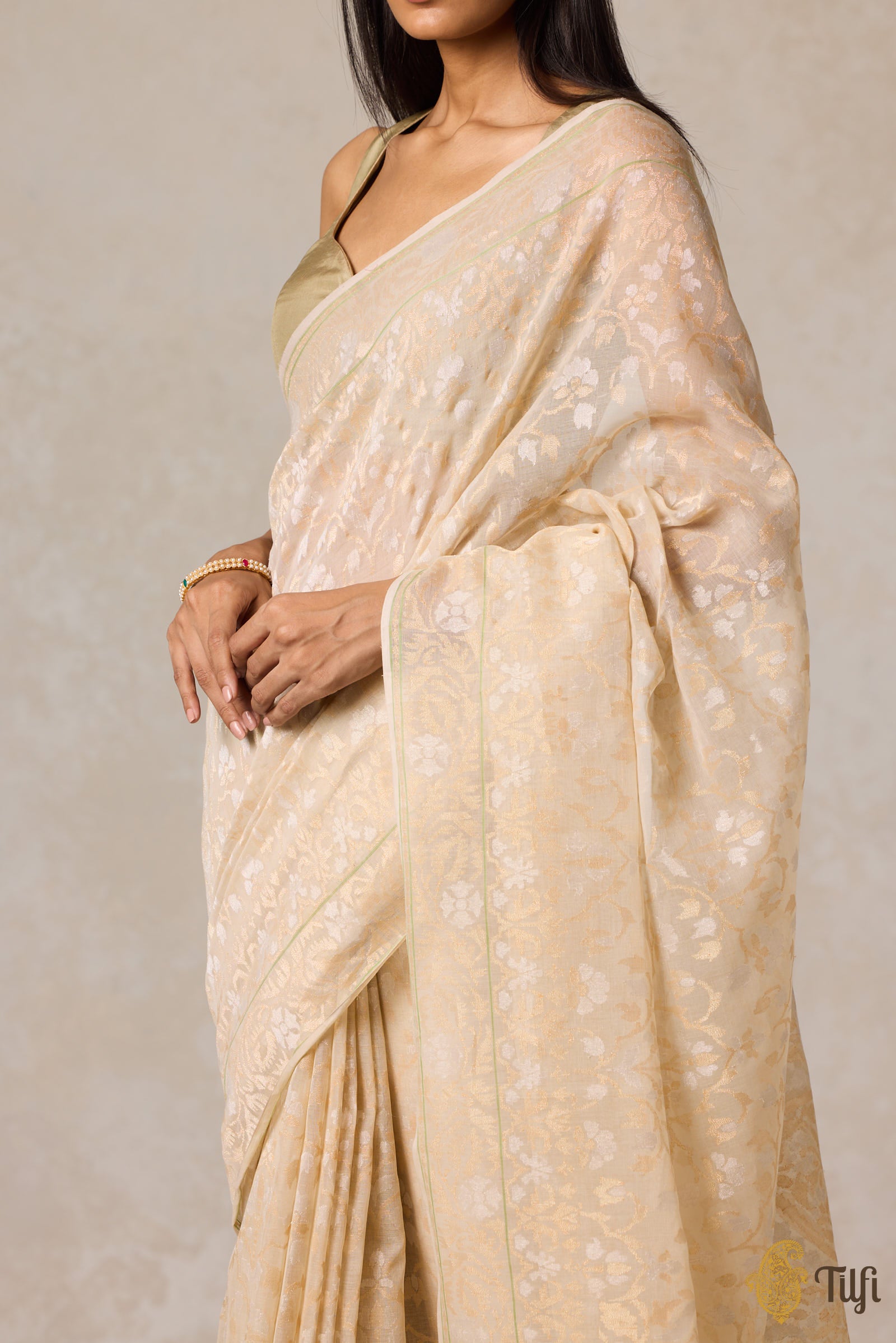 Off-White Pure Cotton Real Zari Jamdani Saree - Tilfi