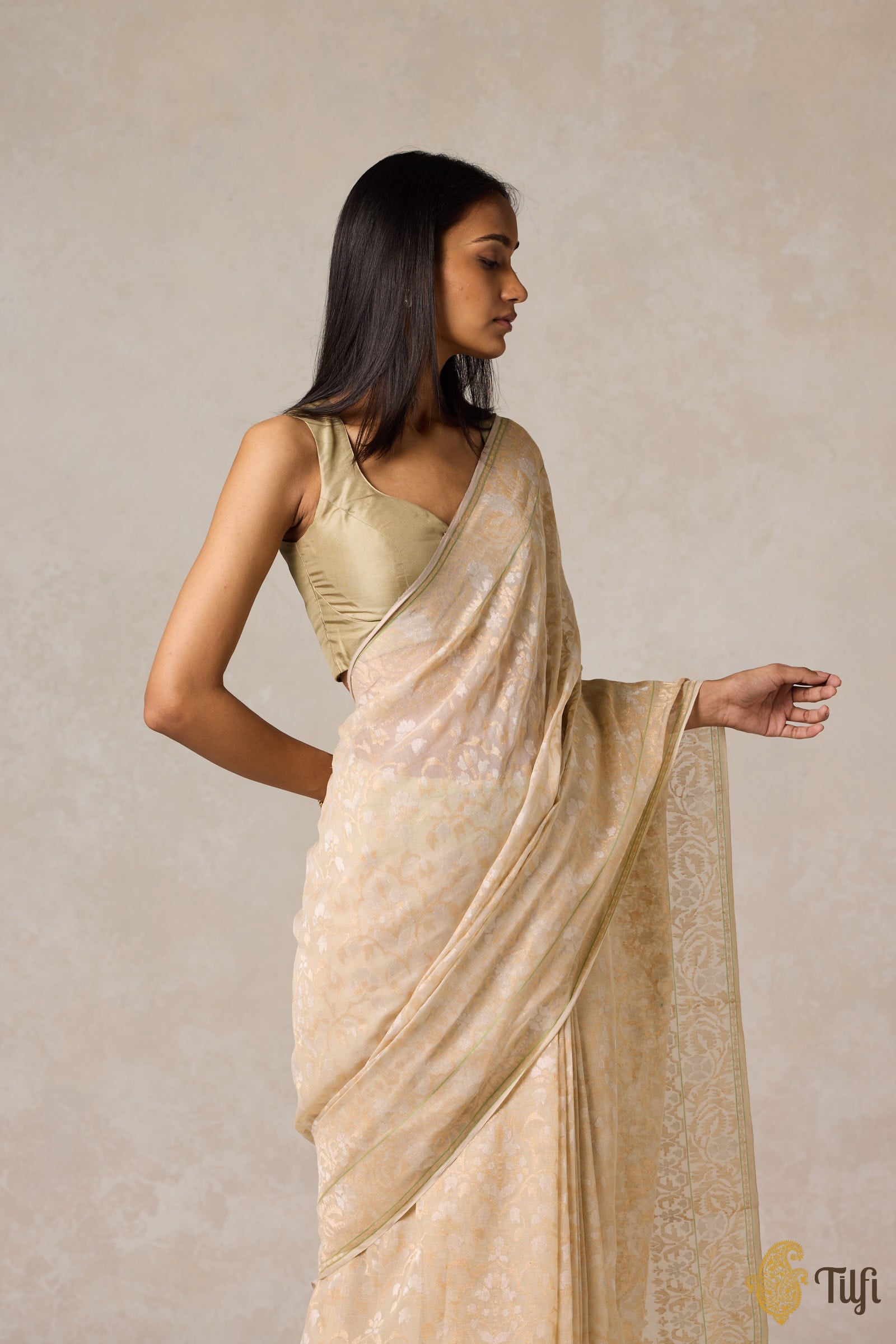 Off-White Pure Cotton Real Zari Jamdani Saree - Tilfi
