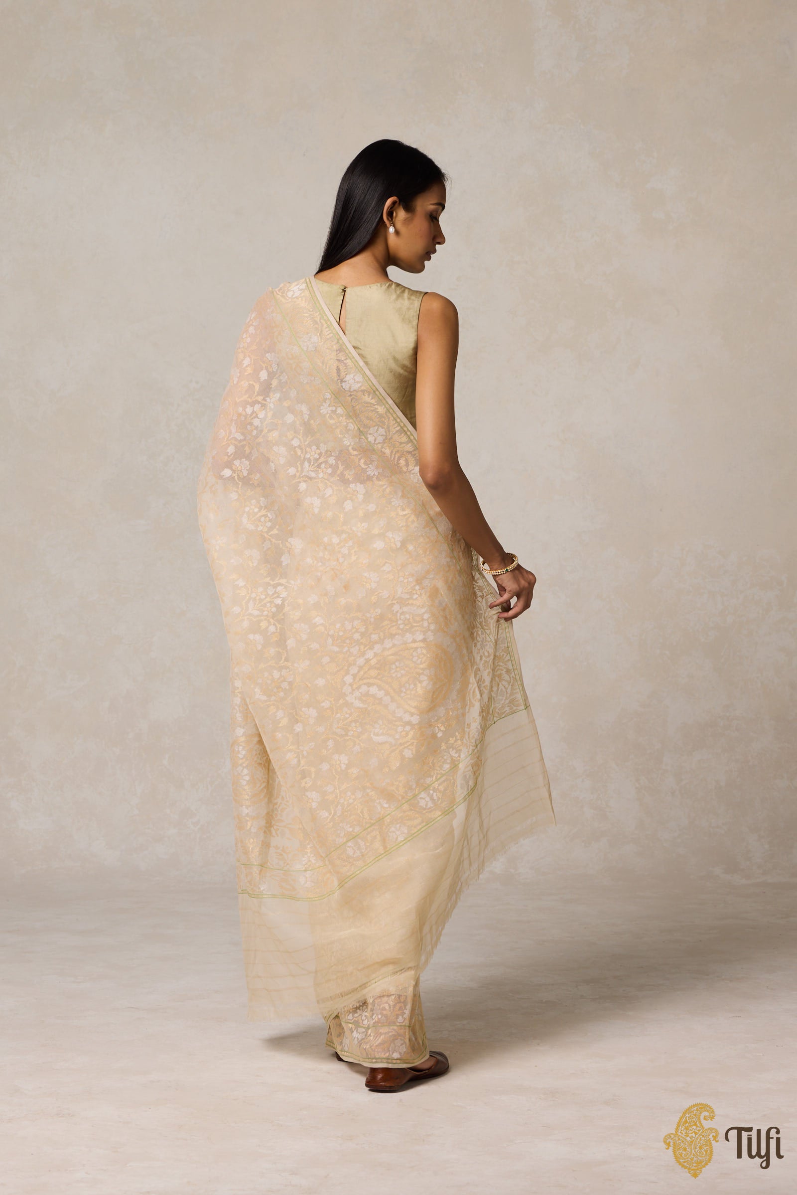 Off-White Pure Cotton Real Zari Jamdani Saree - Tilfi