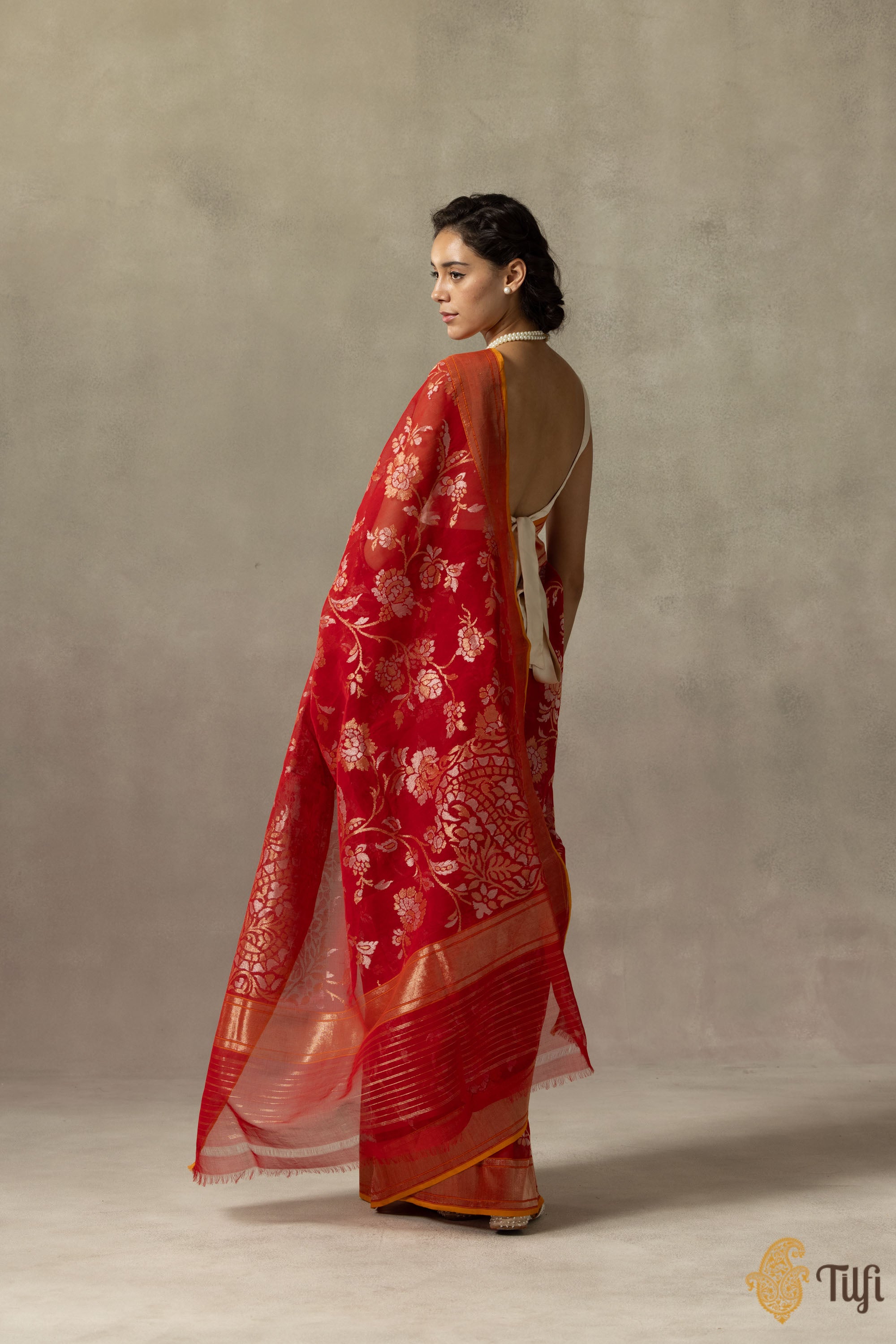 Red Pure Cotton Jamdani Real Zari Banarasi Handloom Saree - Tilfi