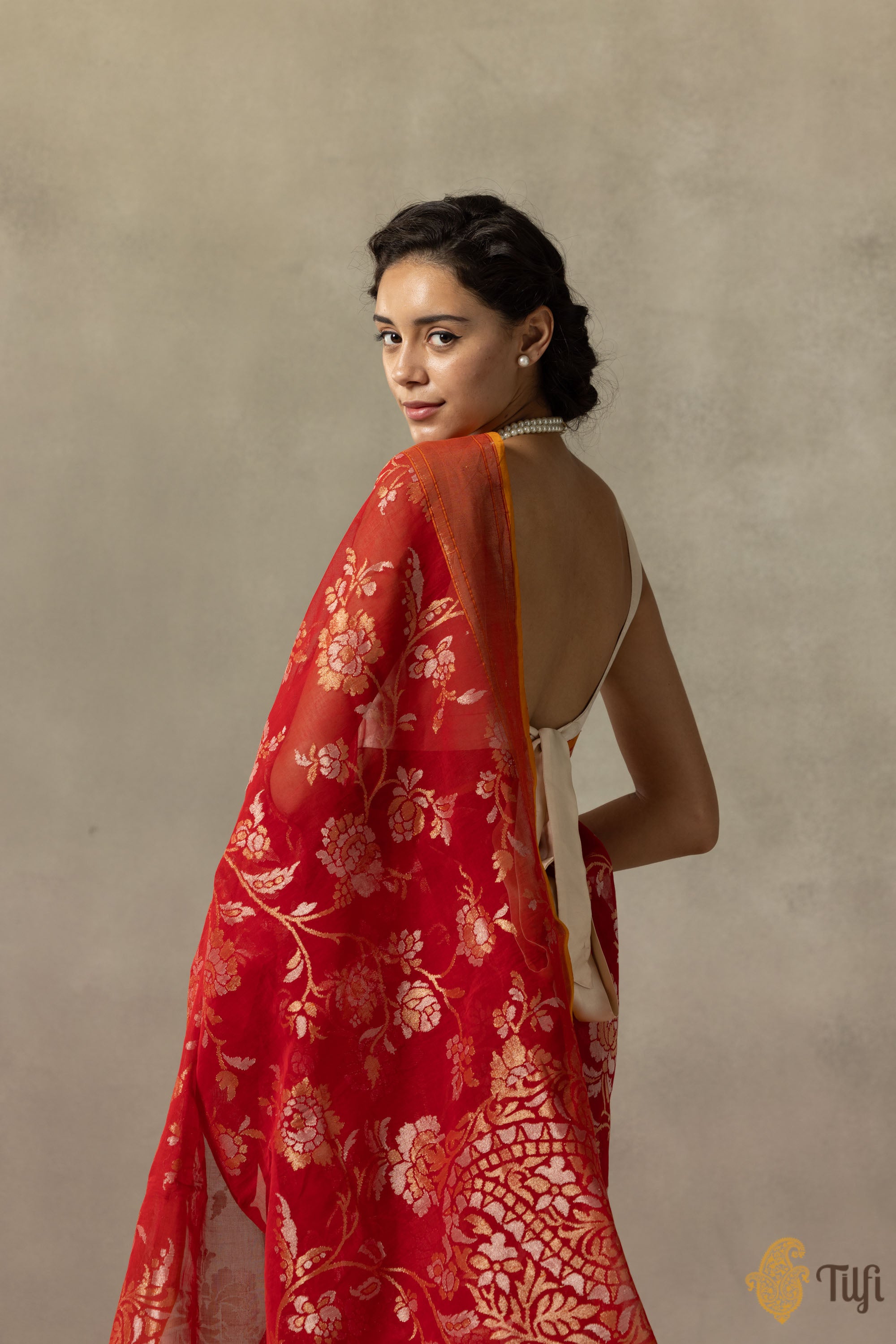 Red Pure Cotton Jamdani Real Zari Banarasi Handloom Saree - Tilfi