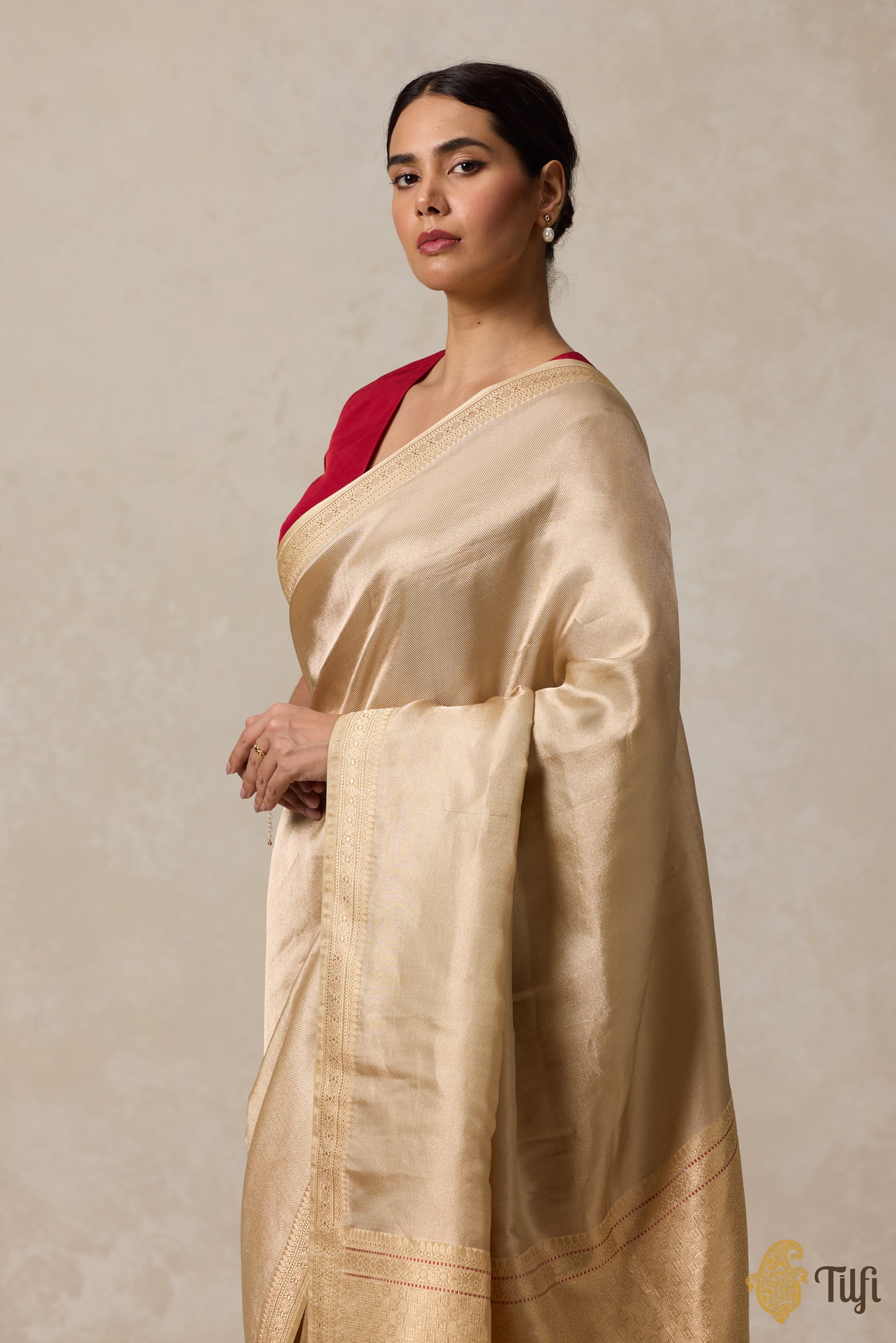 Beige-Gold Pure Soft Satin Silk Banarasi Tanchoi Handloom Saree - Tilfi