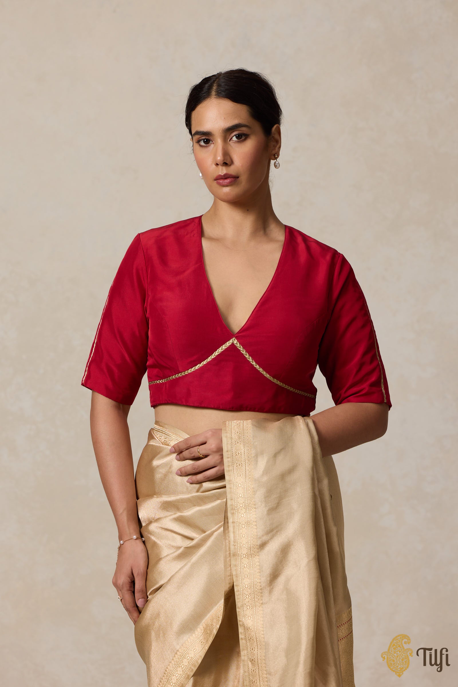 Red Pure Silk Gold-Laced Blouse - Tilfi