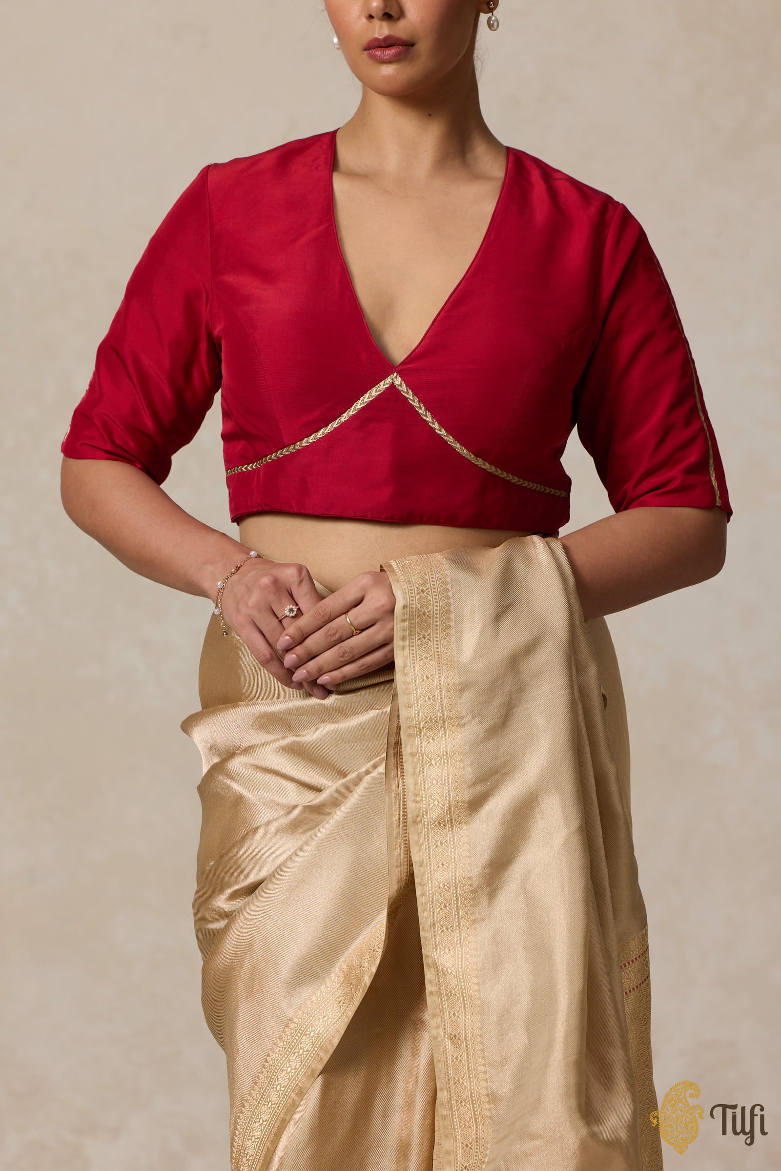 Red Pure Silk Gold-Laced Blouse - Tilfi