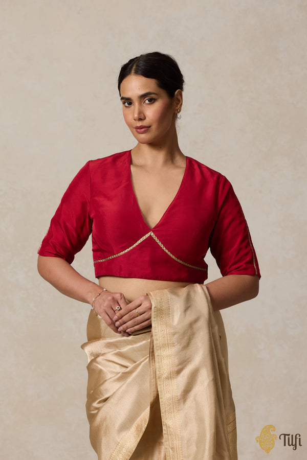 Red Pure Silk Gold-Laced Blouse - Tilfi