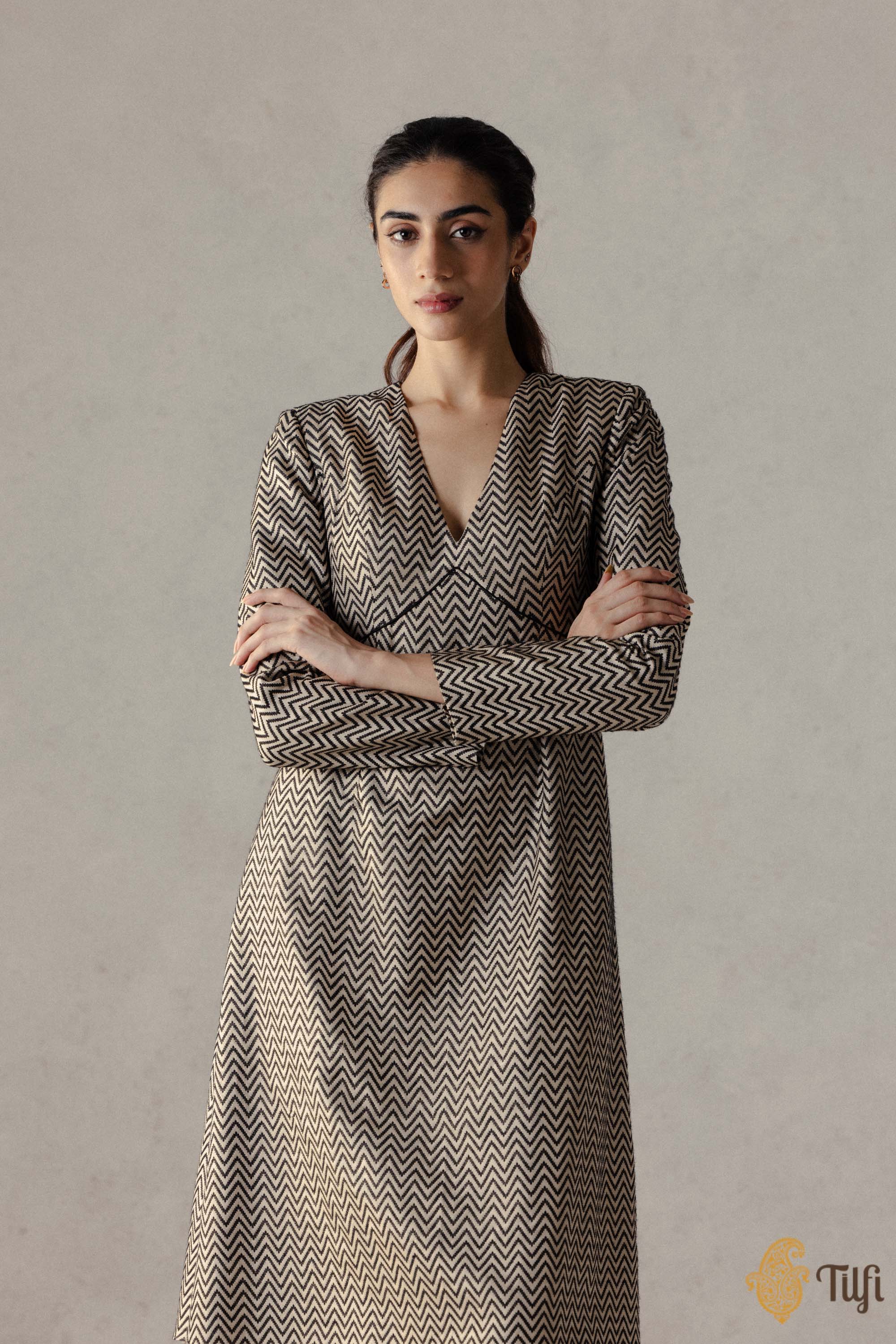 Beige and Black Handwoven Pure Katan Silk Full Sleeve Dress - Tilfi