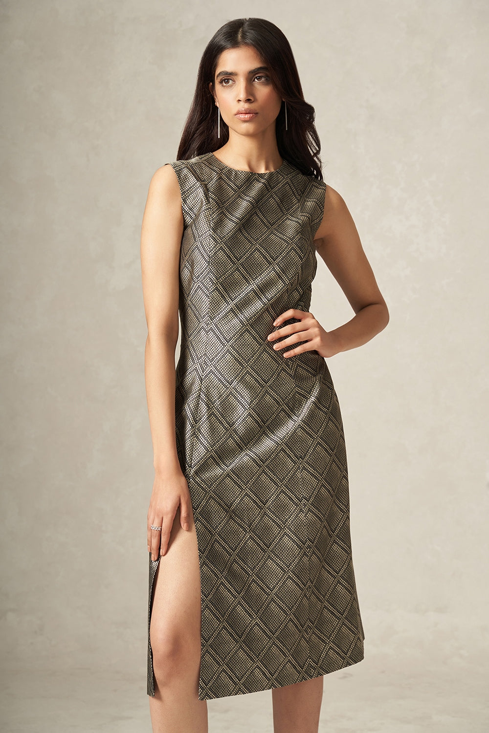 Black and Beige Handwoven Pure Katan Silk Snakeskin Pattern Slit Dress ...
