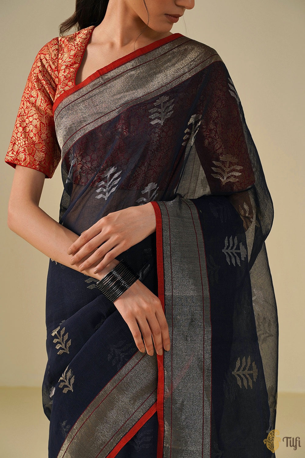 Navy Blue Pure Cotton Banarasi Handloom Real Zari Jamdani Saree - Tilfi