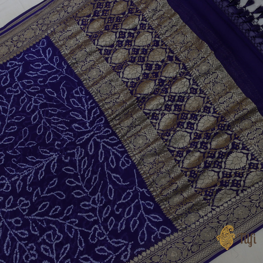 Indigo Blue Pure Georgette Banarasi Handloom Bandhani Dupatta - Tilfi