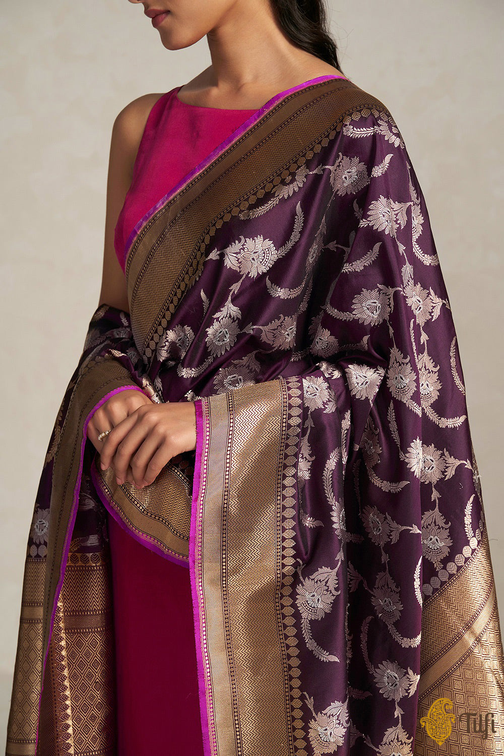 Deep Coke Purple Pure Katan Silk Kadwa Jangla Handloom Dupatta - Tilfi