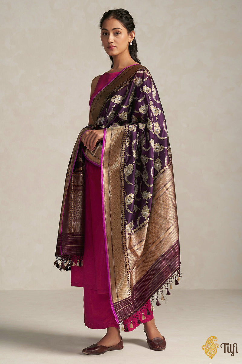 Deep Coke Purple Pure Katan Silk Kadwa Jangla Handloom Dupatta - Tilfi