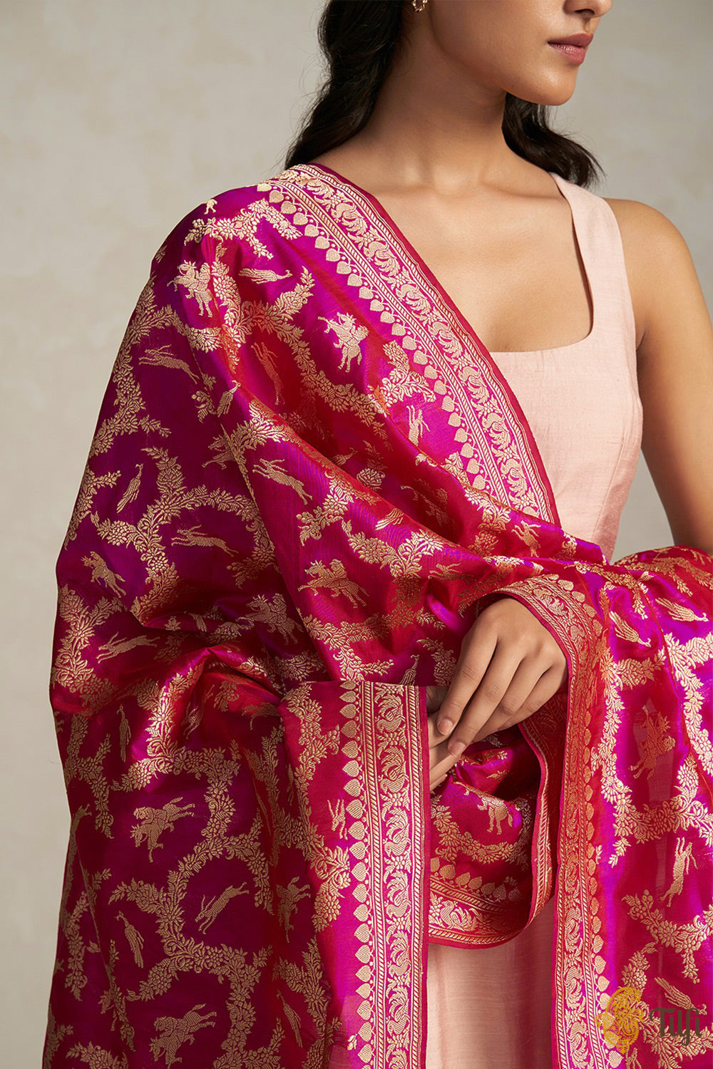 Red-Rani Pink Pure Katan Silk Banarasi Handwoven Dupatta - Tilfi