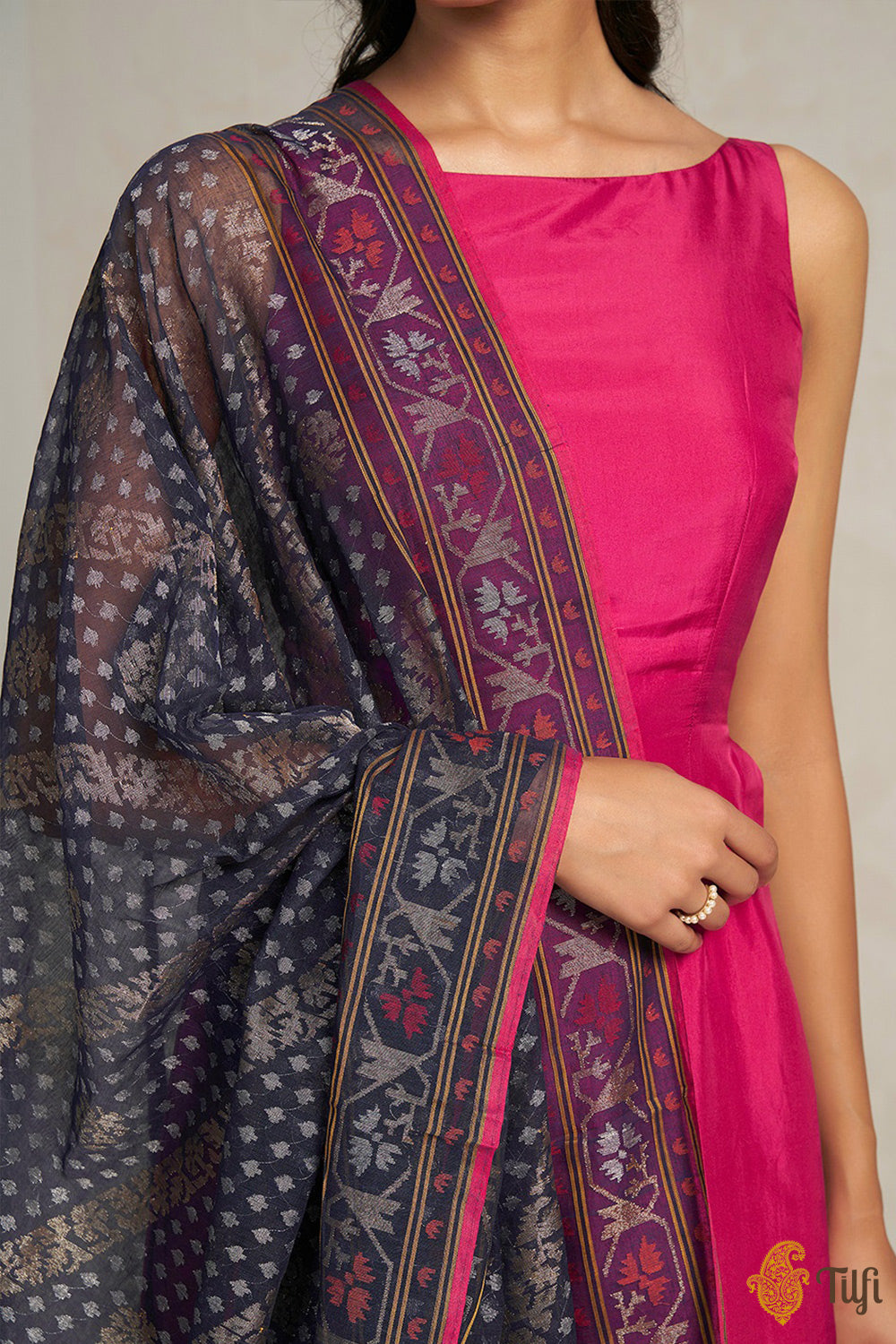 Navy Blue Pure Cotton Real Zari Banarasi Handloom Jamdani Dupatta - Tilfi