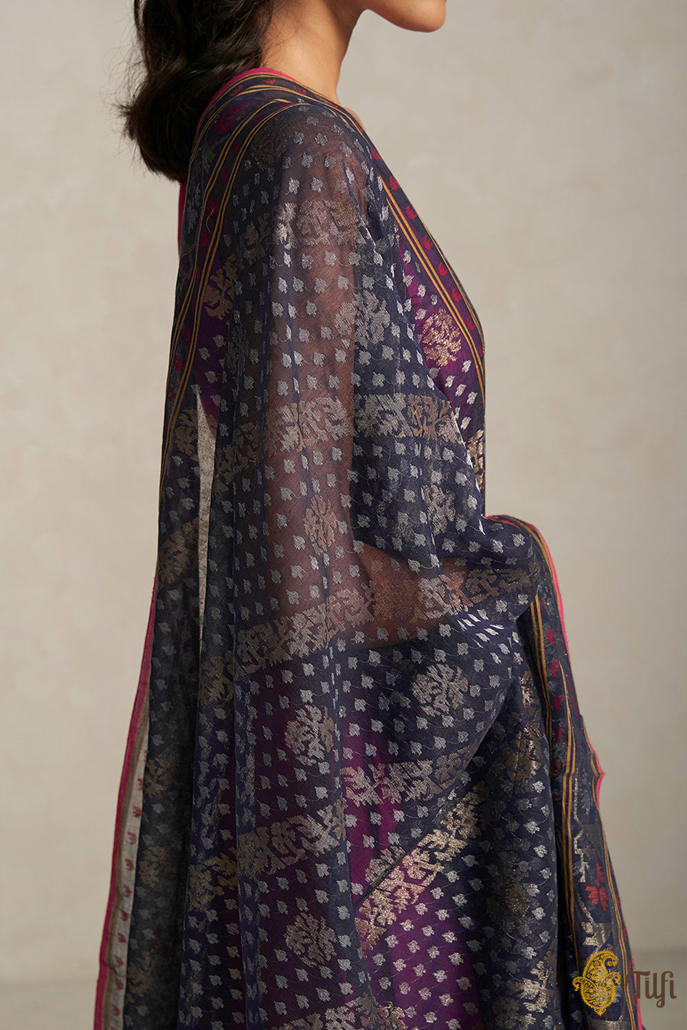 Navy Blue Pure Cotton Real Zari Banarasi Handloom Jamdani Dupatta - Tilfi