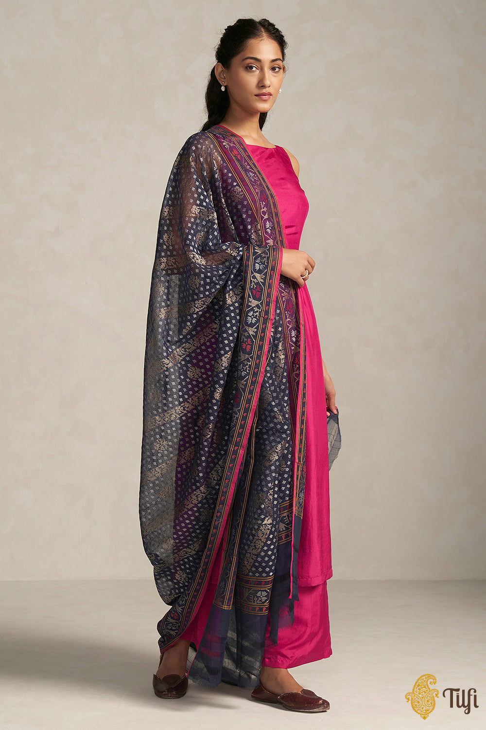 Navy Blue Pure Cotton Real Zari Banarasi Handloom Jamdani Dupatta - Tilfi