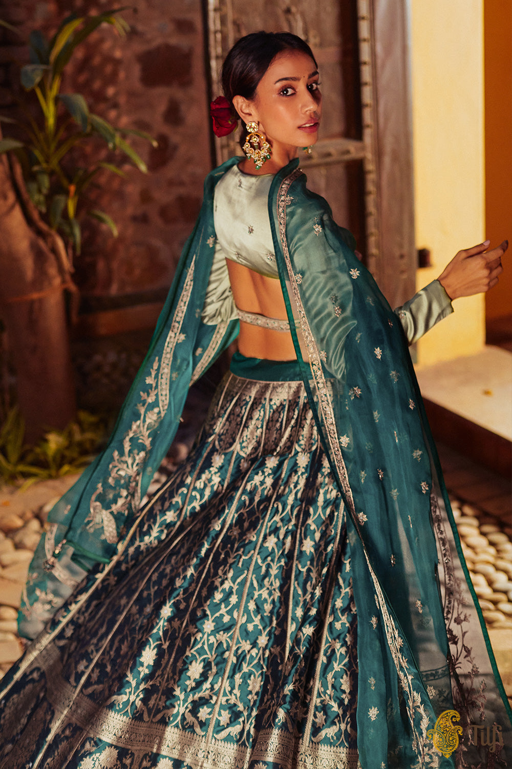 'Indira' Green Pure Katan Silk Banarasi Handloom Lehenga Set - Tilfi