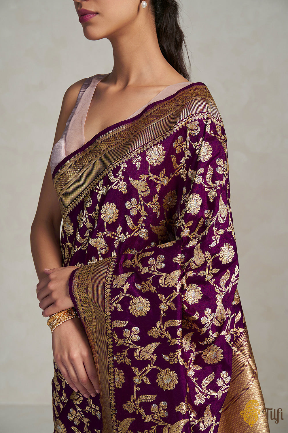 Deep Plum Purple Pure Katan Silk Banarasi Handloom Saree - Tilfi