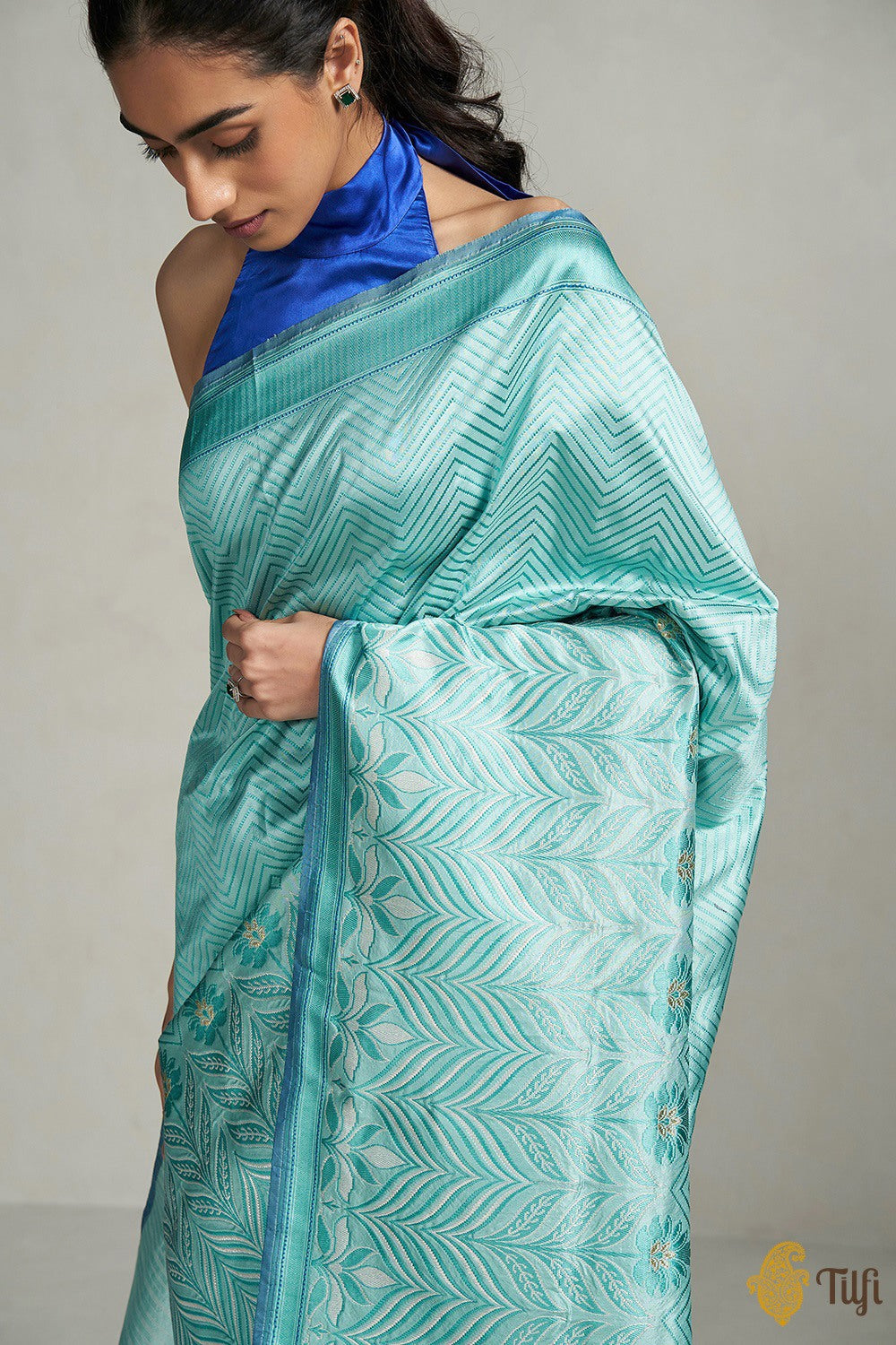 Light Blue Chevron Pure Katan Silk Banarasi Handloom Saree - Tilfi