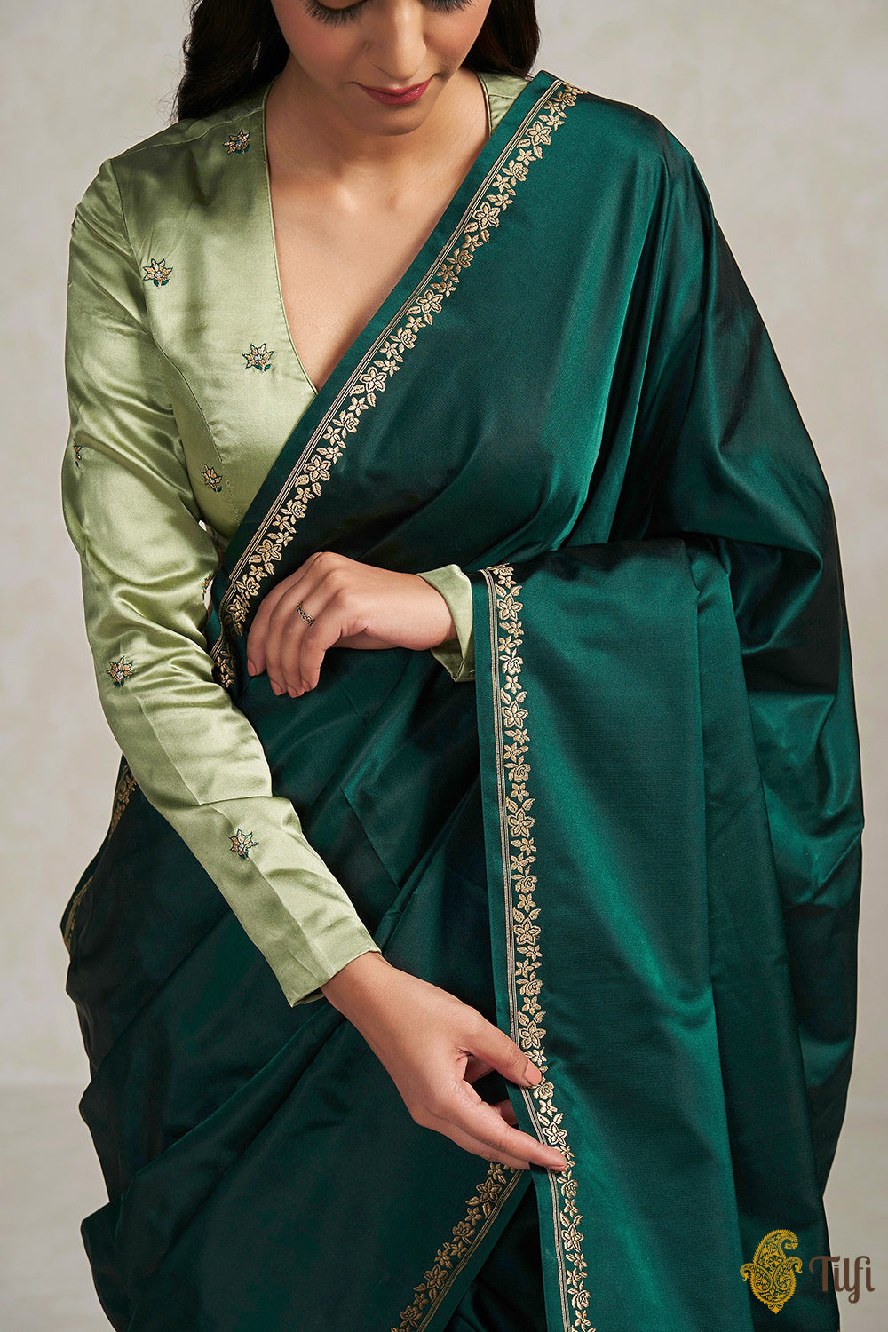 Bottle Green Pure Soft Satin Silk Banarasi Handloom Saree - Tilfi