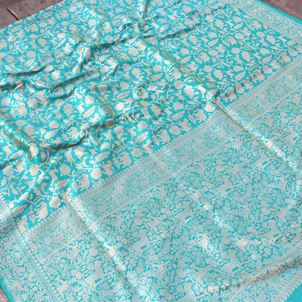 Pre-Order: Ferozi Blue Pure Katan Silk Banarasi Shikaargah Handloom Sa ...