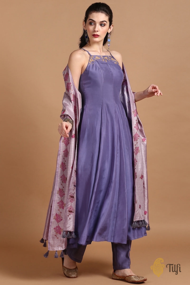 Iris Purple Silk Suit Set with Light Mauve Pure Katan Silk Handloom Du ...