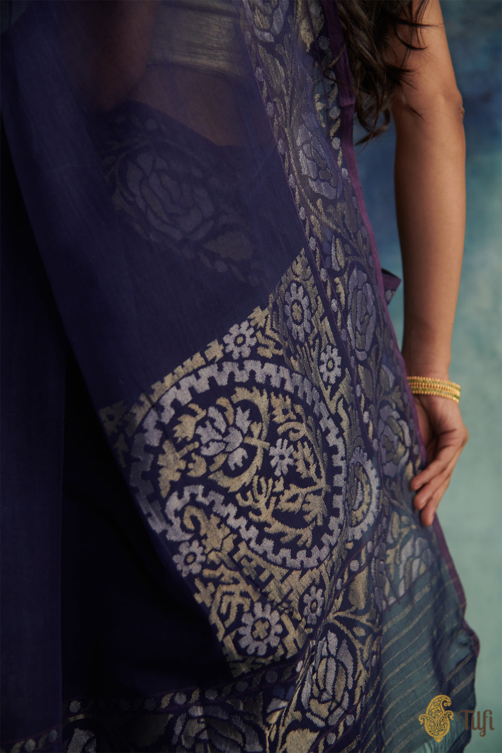 'Urmila' Navy Blue Pure Cotton Jamdani Real Zari Banarasi Handloom Sar ...