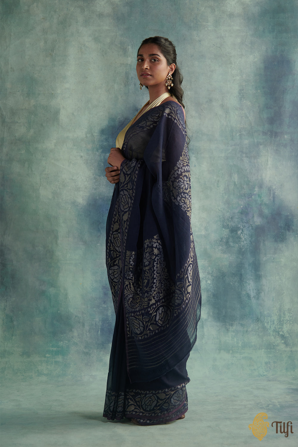 'Urmila' Navy Blue Pure Cotton Jamdani Real Zari Banarasi Handloom Sar ...