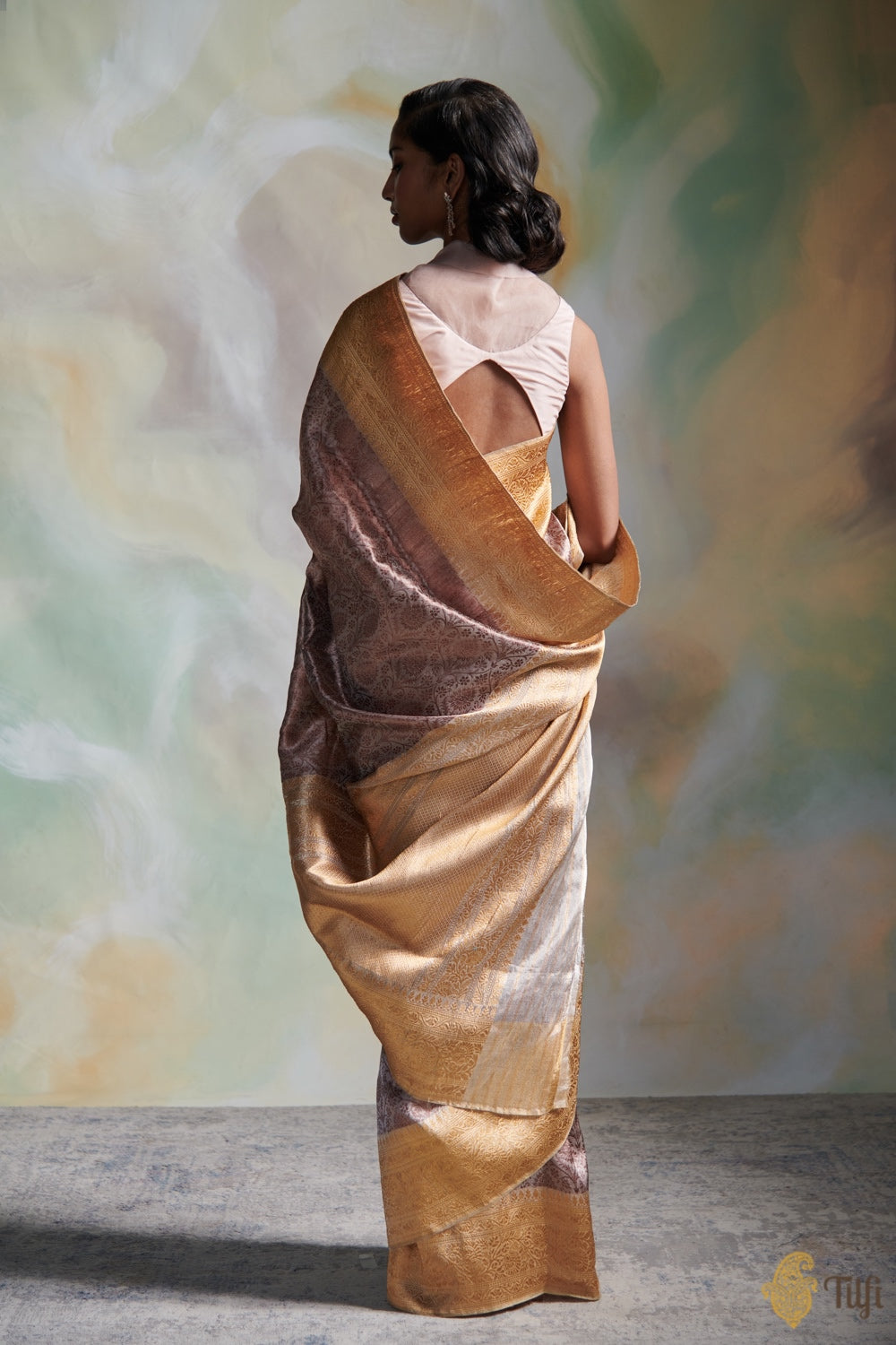 Grey-Old Rose Pure Kora Silk Tissue Banarasi Handloom Saree - Tilfi
