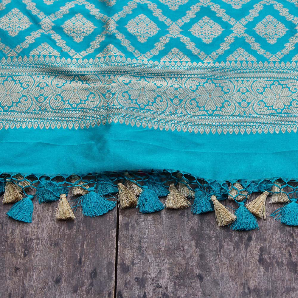 Ferozi Blue Pure Silk Georgette Banarasi Handloom Dupatta - Tilfi