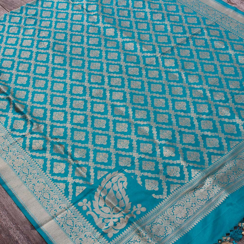 Ferozi Blue Pure Silk Georgette Banarasi Handloom Dupatta - Tilfi