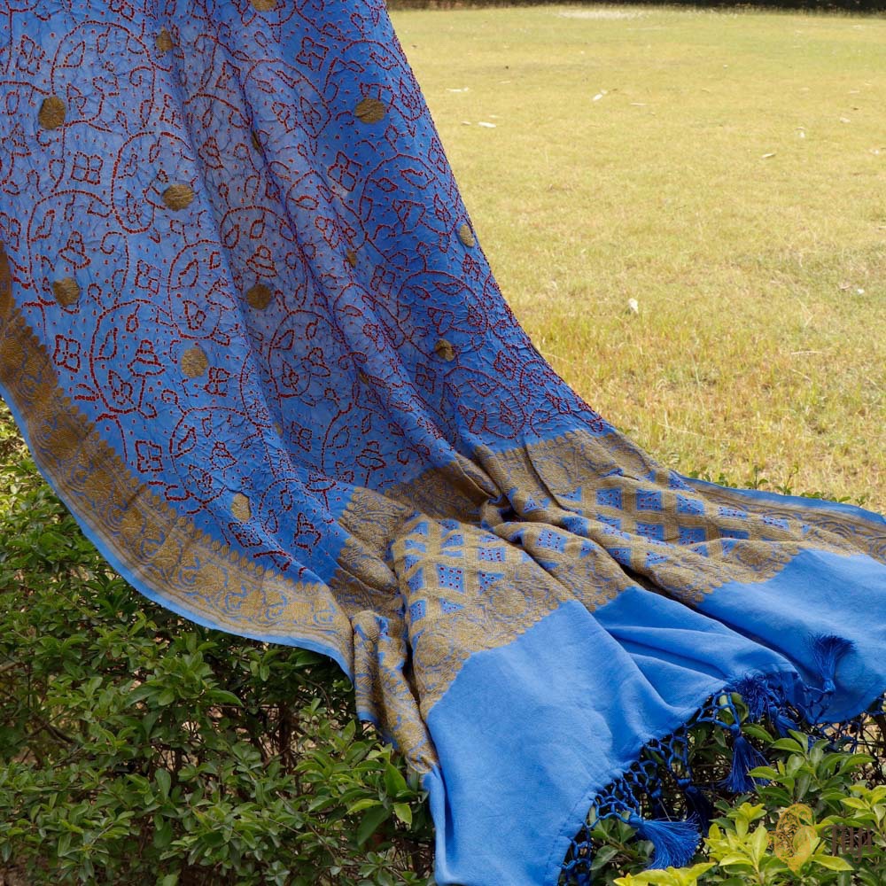Deep Periwinkle Blue Pure Georgette Banarasi Handloom Bandhani Dupatta ...