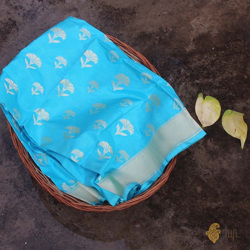 Ferozi Blue Pure Katan Silk Banarasi Handloom Dupatta - Tilfi