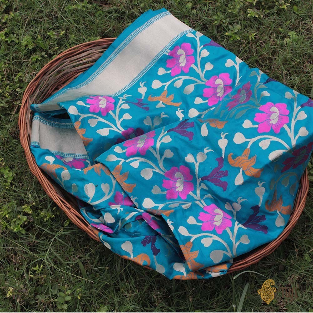 Ferozi Blue Pure Katan Silk Banarasi Handloom Dupatta - Tilfi