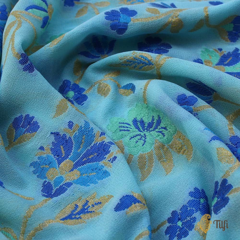 Light Ferozi Blue Pure Khaddi Georgette Banarasi Handloom Dupatta - Tilfi