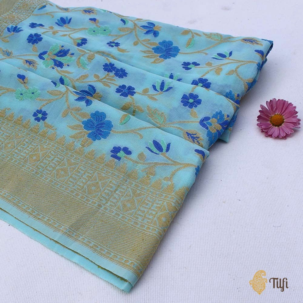 Light Ferozi Blue Pure Khaddi Georgette Banarasi Handloom Dupatta - Tilfi