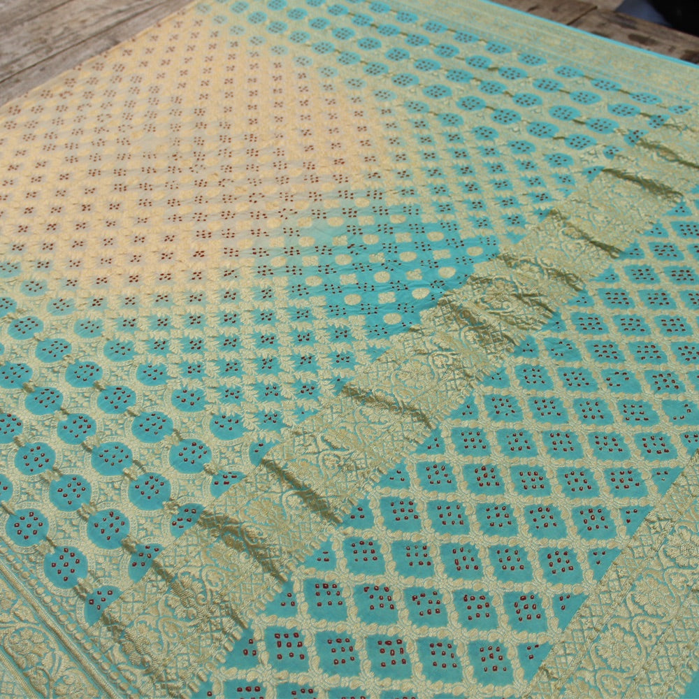 Cream-Light Ferozi Blue Pure Georgette Banarasi Handloom Bandhani Dupa ...