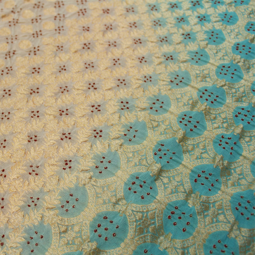 Cream-Light Ferozi Blue Pure Georgette Banarasi Handloom Bandhani Dupa ...