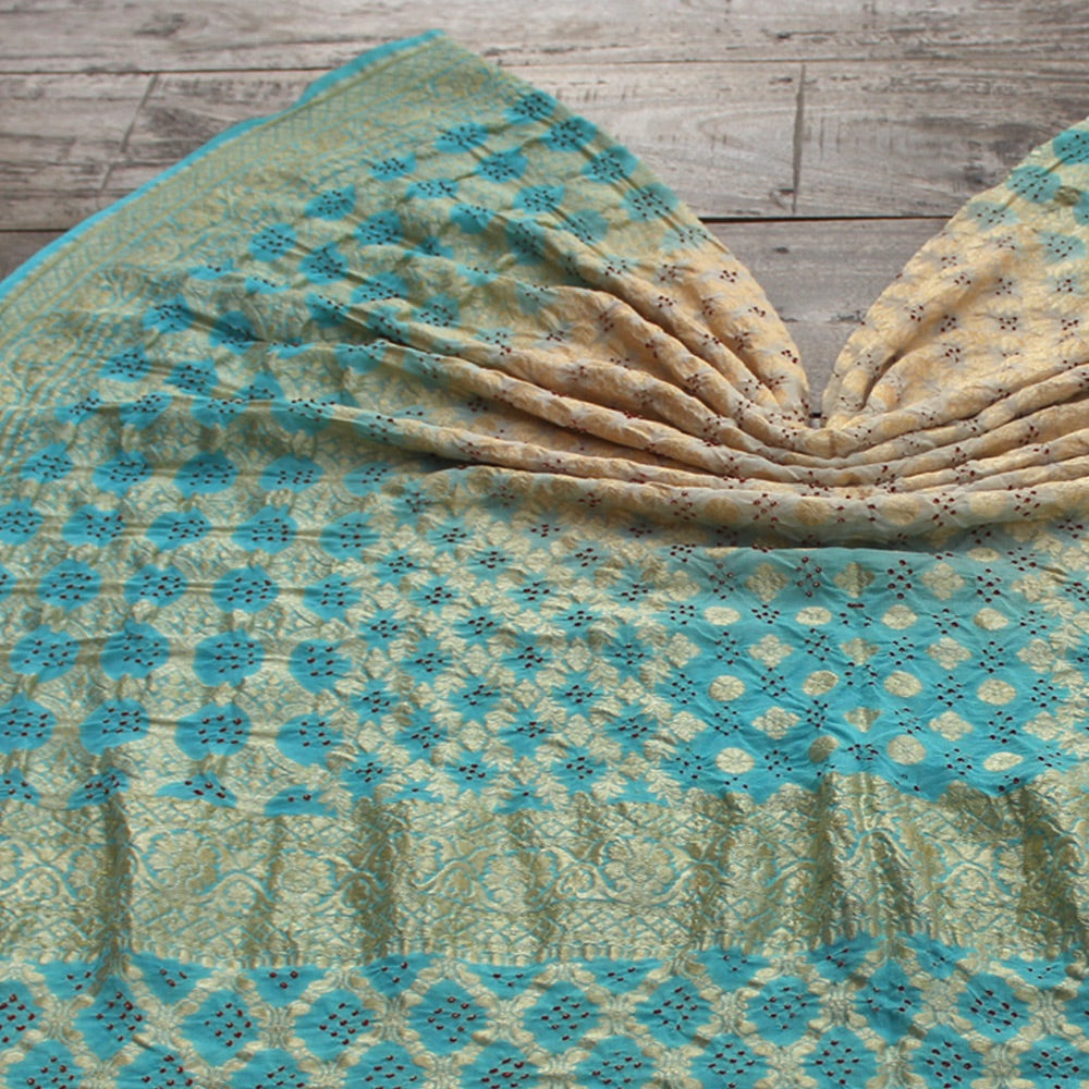 Cream-Light Ferozi Blue Pure Georgette Banarasi Handloom Bandhani Dupa ...