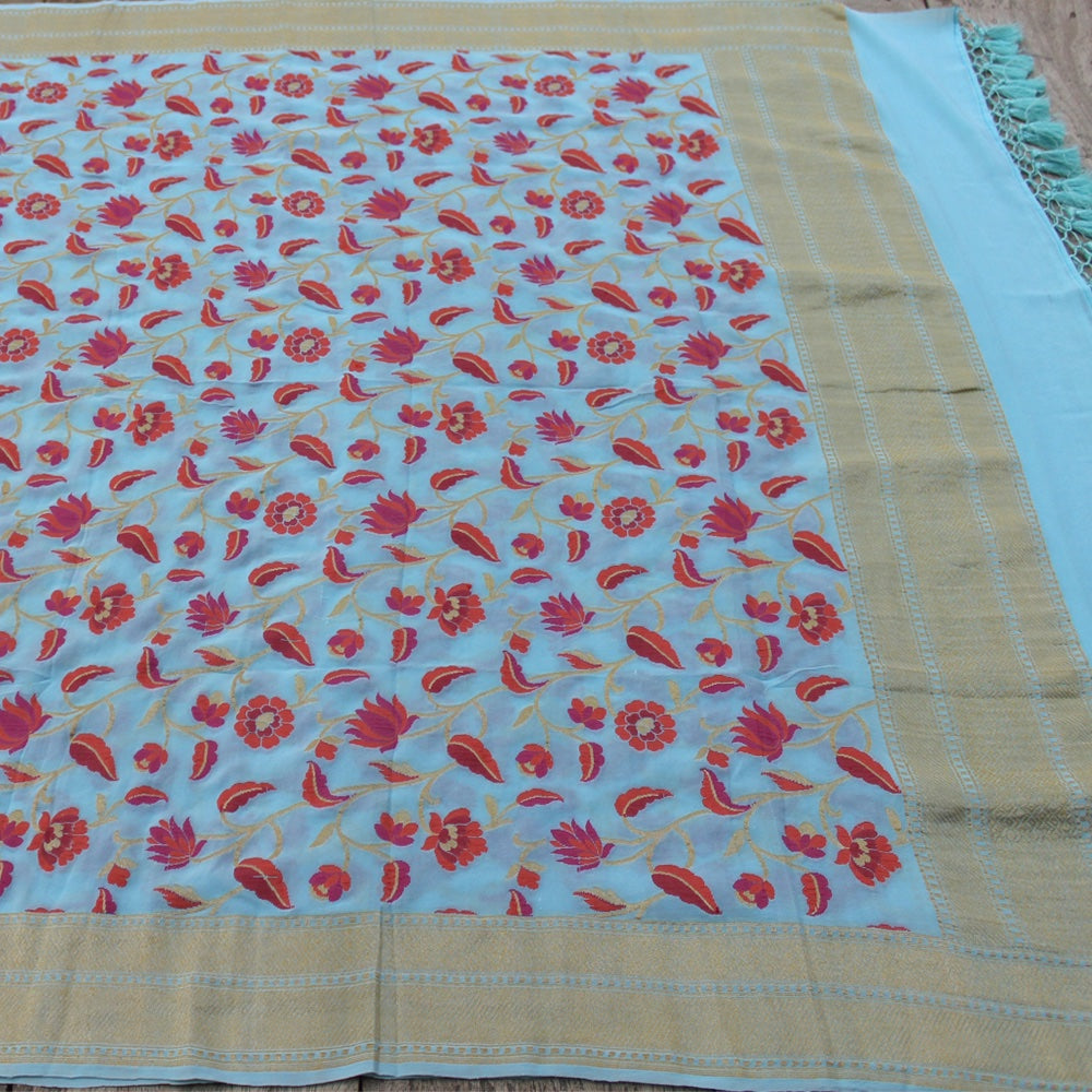 Light Ferozi Blue Pure Khaddi Georgette Banarasi Handloom Dupatta - Tilfi