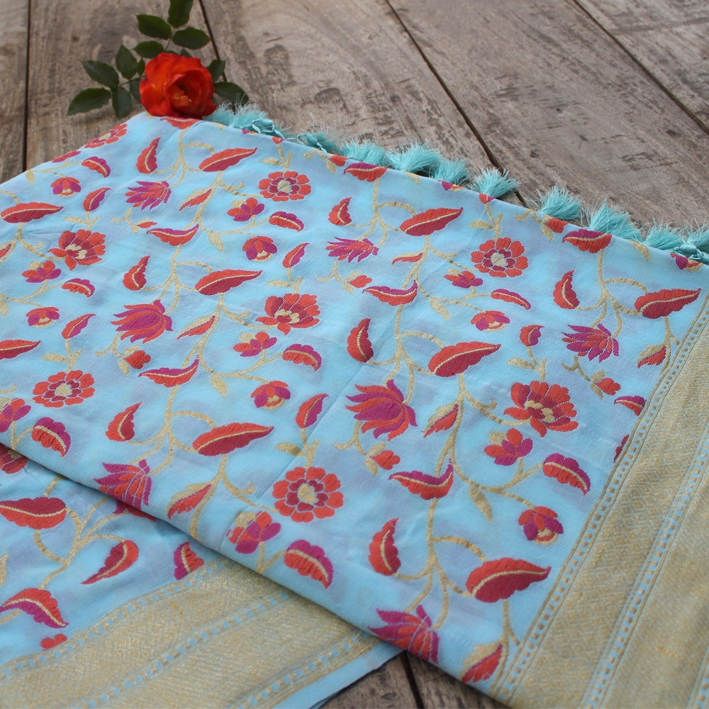 Light Ferozi Blue Pure Khaddi Georgette Banarasi Handloom Dupatta - Tilfi