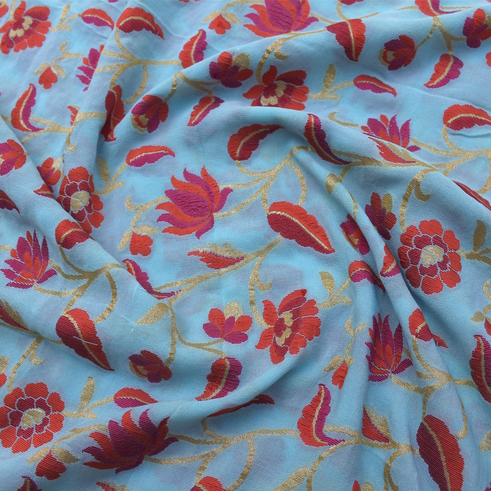 Light Ferozi Blue Pure Khaddi Georgette Banarasi Handloom Dupatta - Tilfi