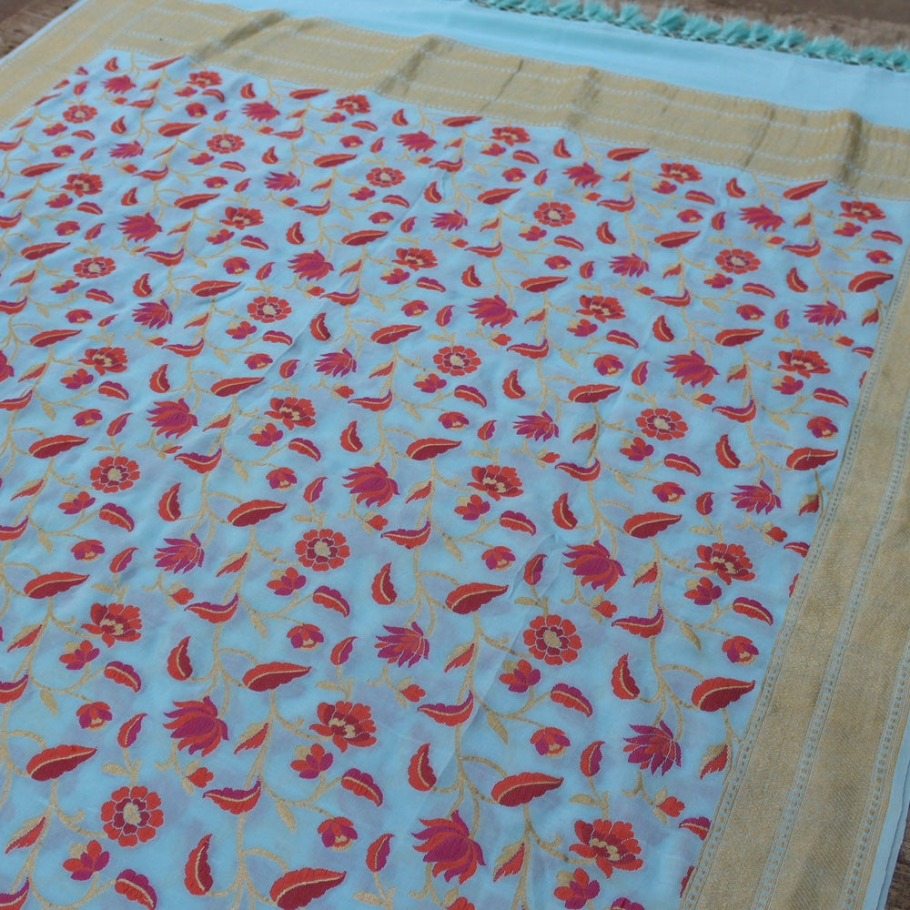 Light Ferozi Blue Pure Khaddi Georgette Banarasi Handloom Dupatta - Tilfi