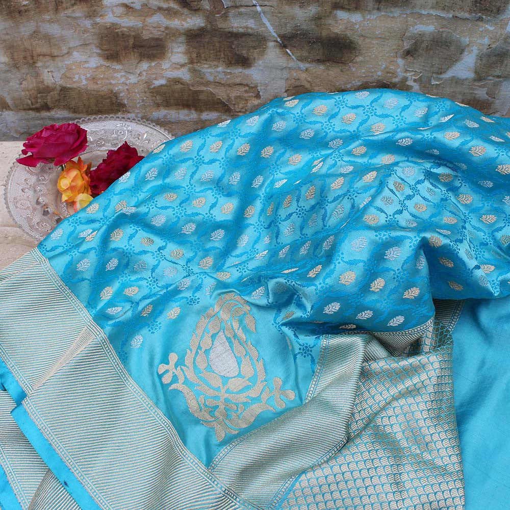Ferozi Blue Pure Soft Satin Banarasi Handloom Saree - Tilfi