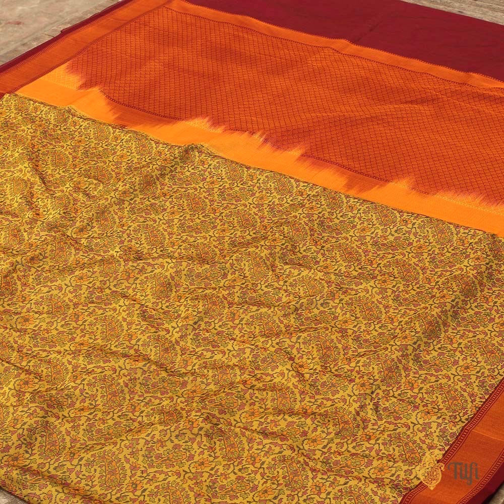 Mustard-Maroon Pure Soft Satin Silk Tanchoi Jamawar Banarasi Handloom ...