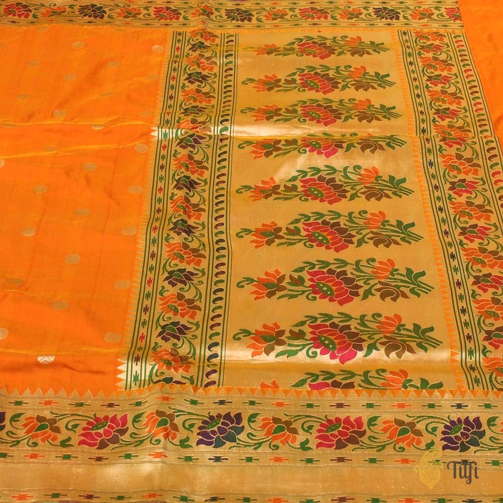 Yellow-Orange Pure Katan Silk Banarasi Paithani Handloom Saree - Tilfi